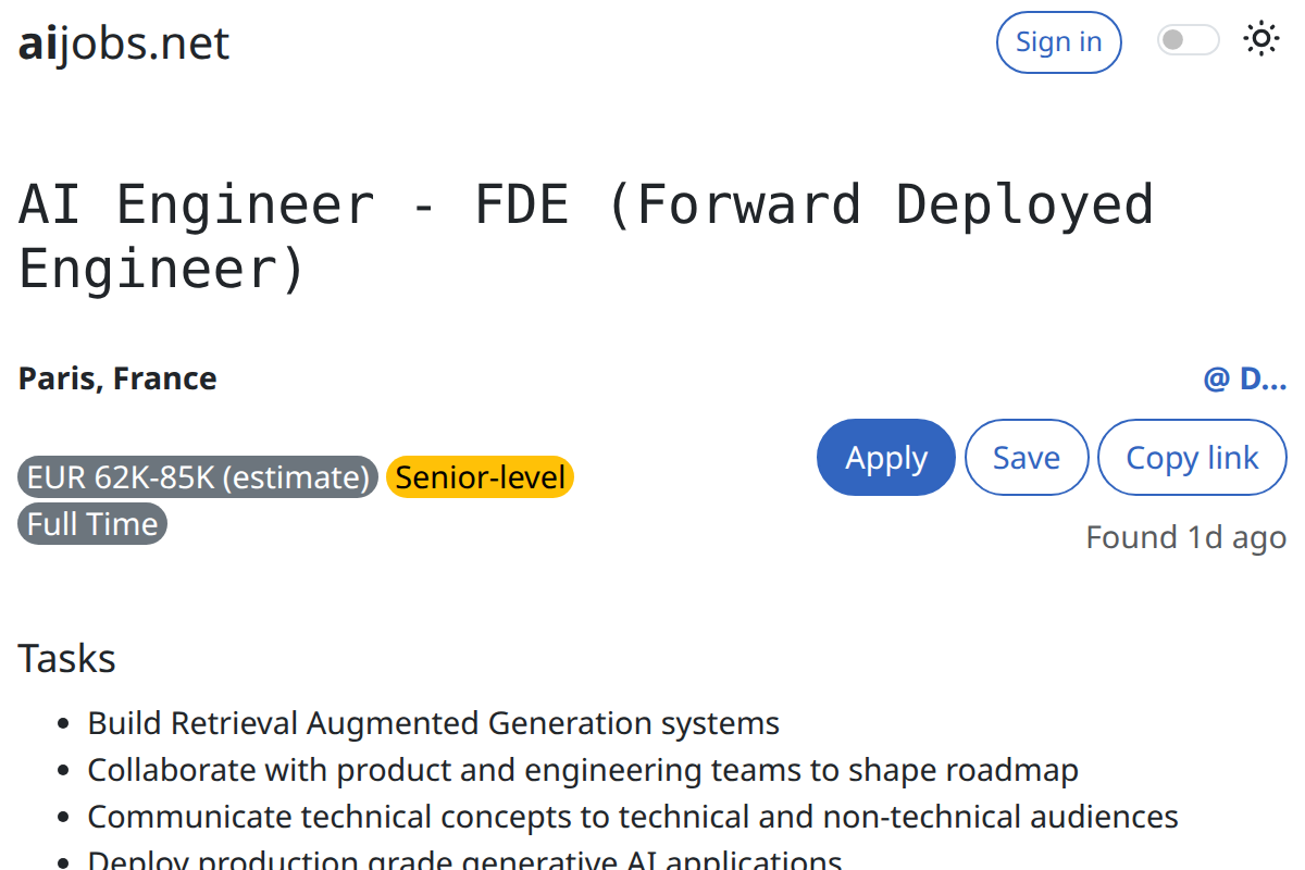 AI Engineer - FDE (Forward Deployed Engineer) - Paris, France