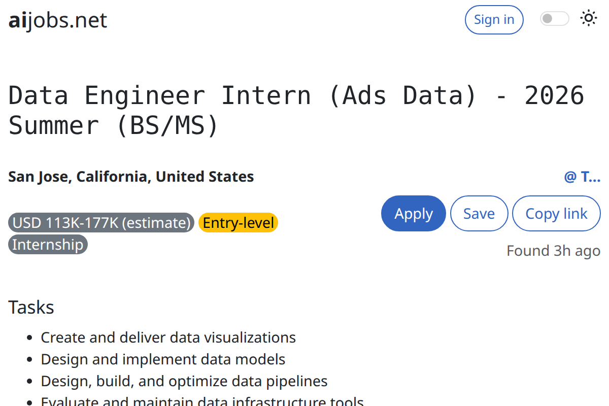 Data Engineer Intern (Ads Data) - 2026 Summer (BS/MS) - San Jose ...