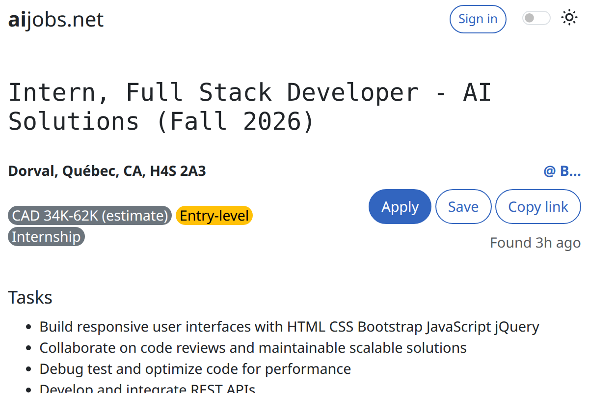 Intern, Full Stack Developer - AI Solutions (Fall 2026) - Dorval ...