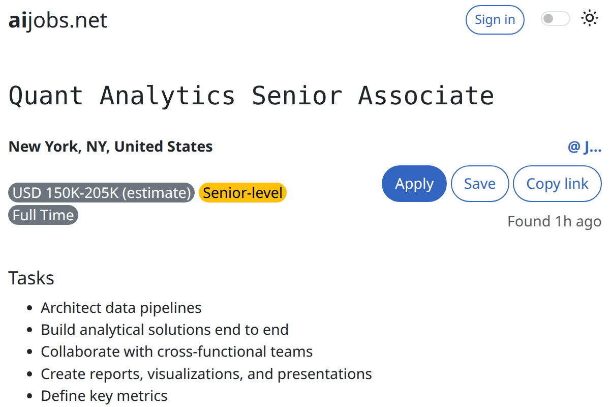 Quant Analytics Senior Associate - New York, NY, United States