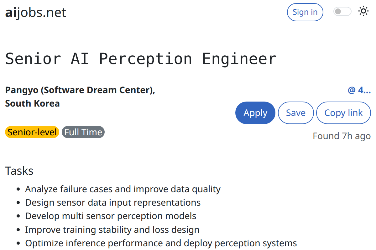 Senior AI Perception Engineer - Pangyo (Software Dream Center), South Korea