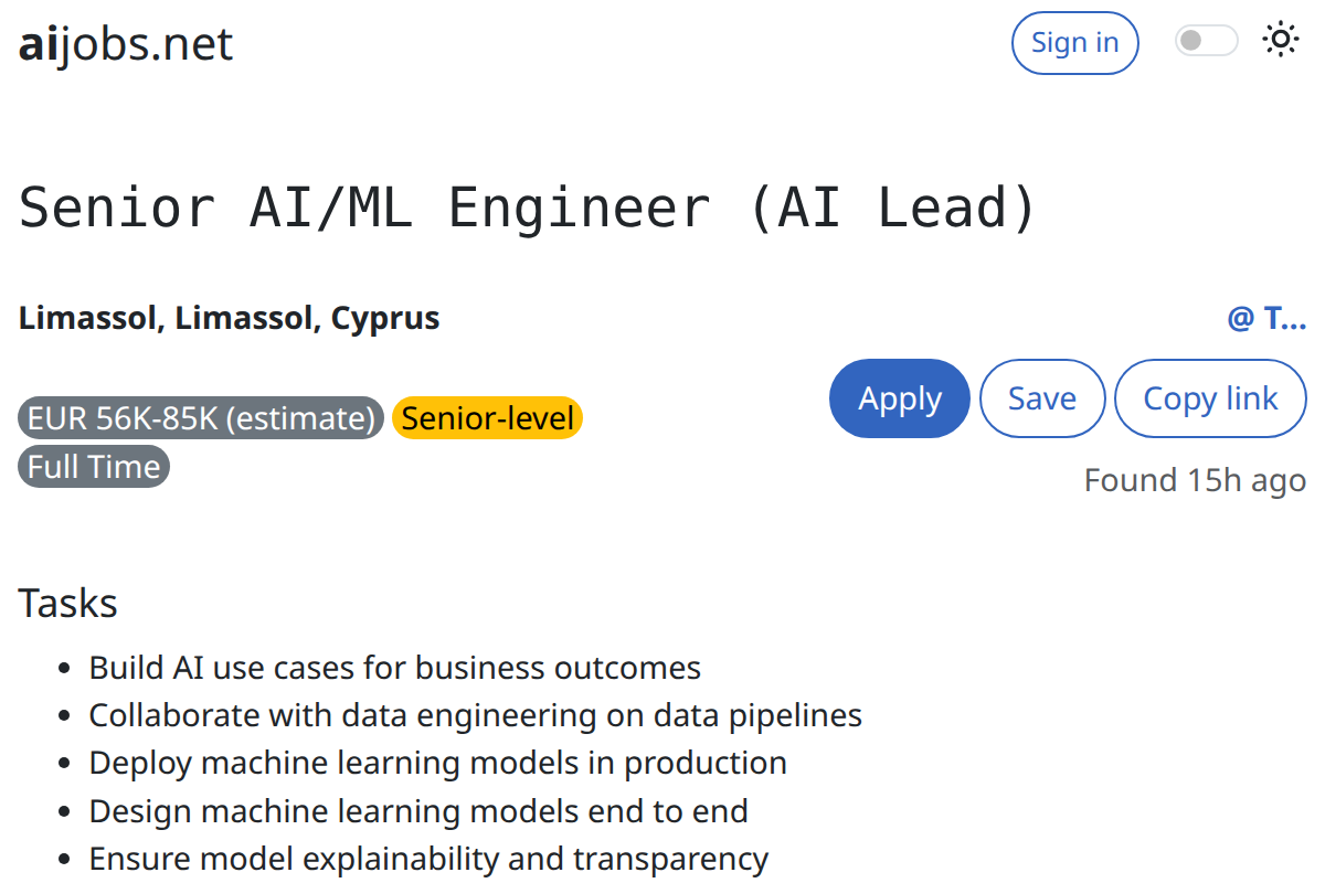 Senior AI/ML Engineer (AI Lead) - Limassol, Limassol, Cyprus
