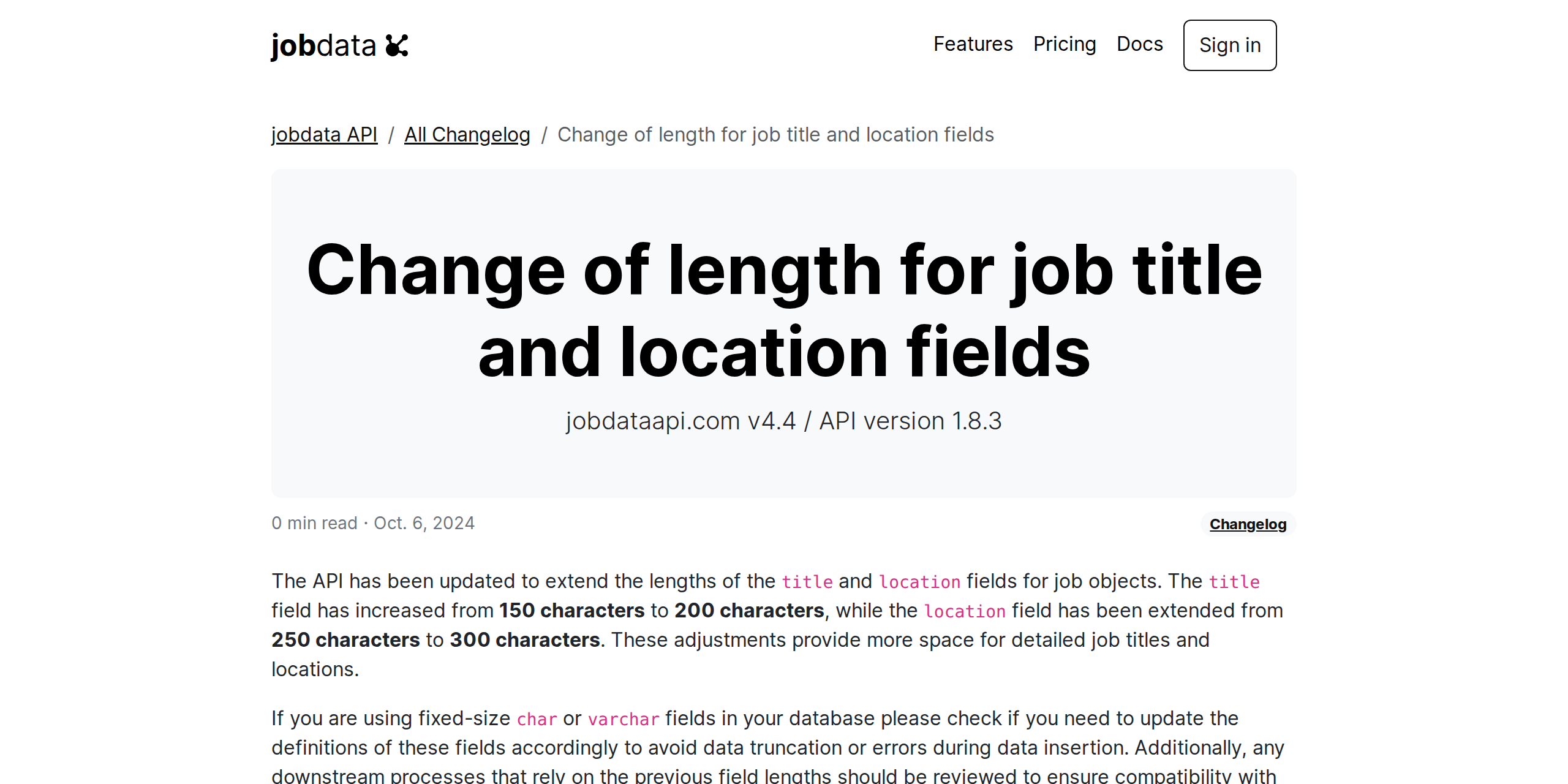 Change of length for job title and location fields | jobdataapi.com