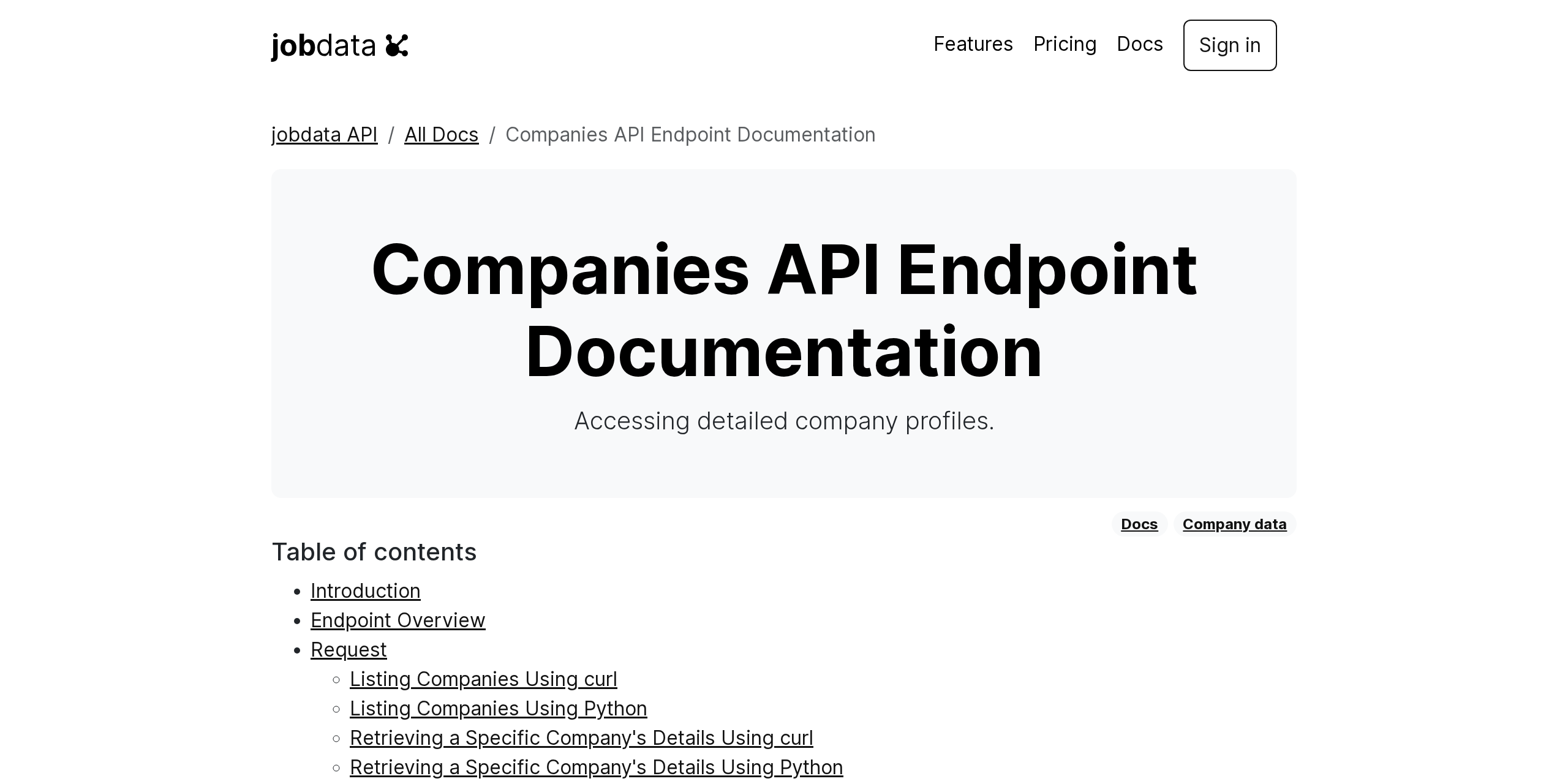 Companies API Endpoint Documentation | jobdataapi.com